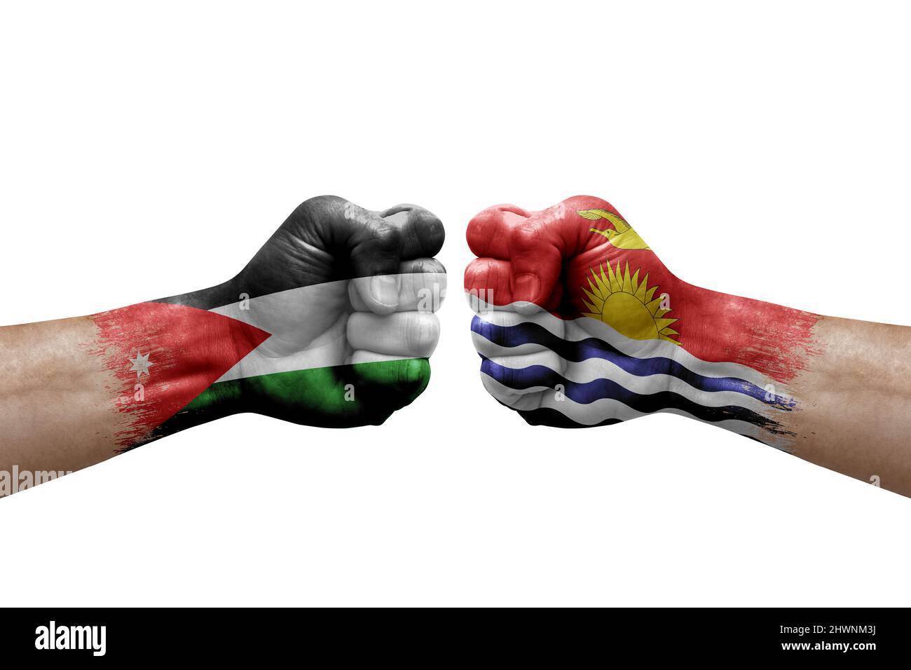 Two hands punch to each others on white background. Country flags ...