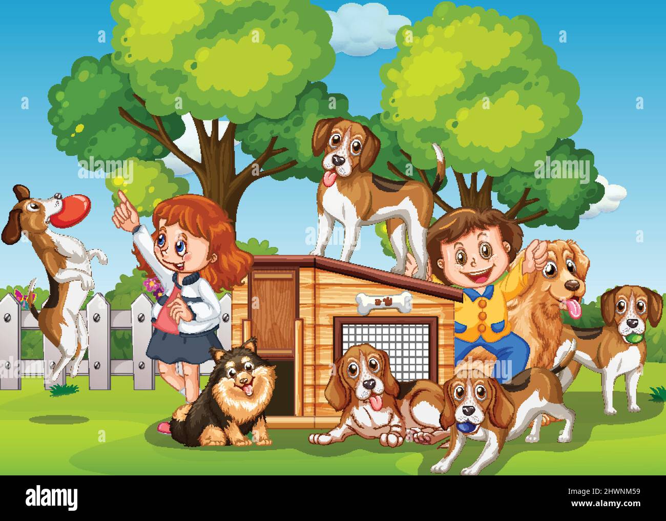 Outdoor scene with children playing their dog illustration Stock Vector ...