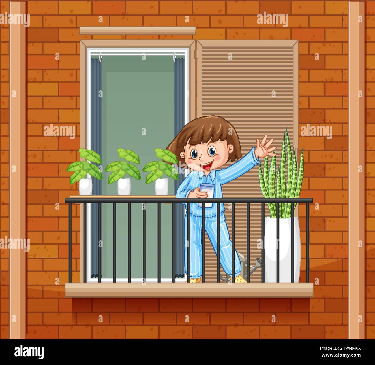 Cute girl waving hand on the balcony illustration Stock Vector Image ...