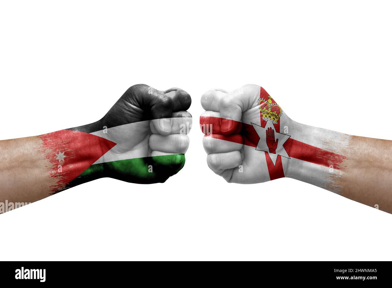 Two hands punch to each others on white background. Country flags ...