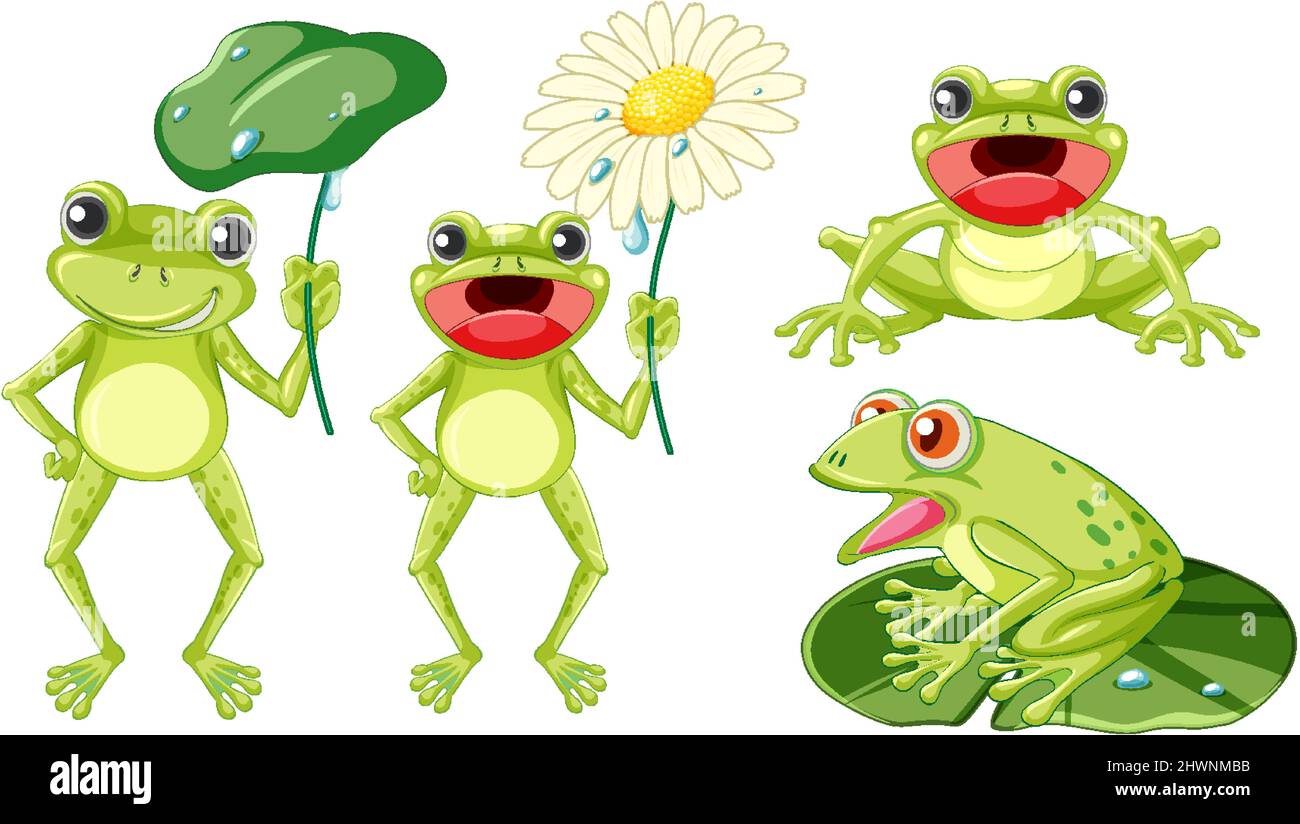 Set of different cute green frog in cartoon style illustration Stock ...