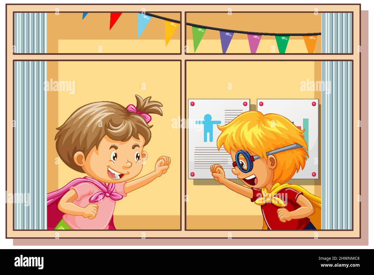 View through the window of children cartoon character illustration ...