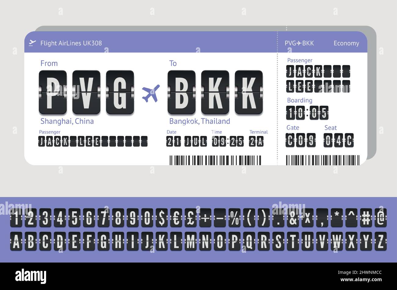 Airplane Ticket with scoreboard letters isolated on white. Vector ...
