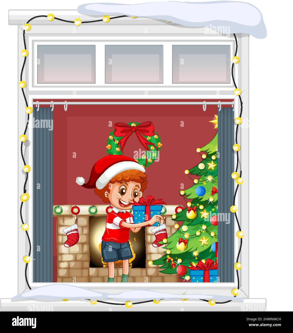 View through the window of cartoon character in Christmas theme ...