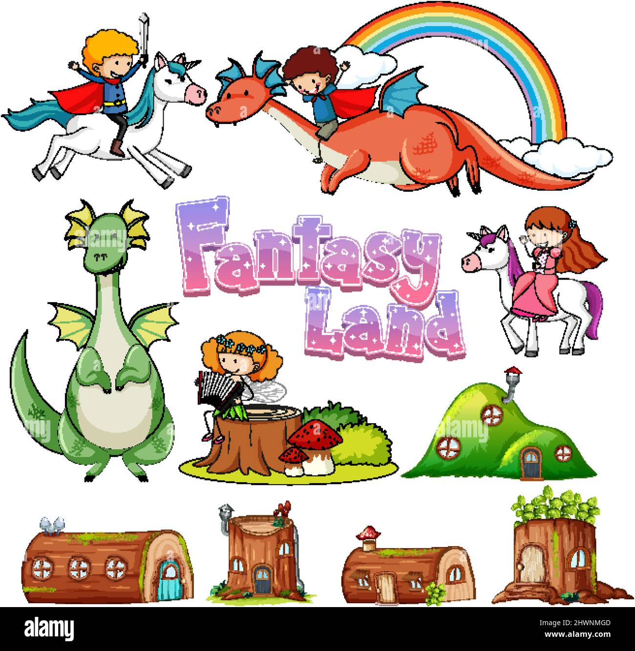 Set of dragons and fairy tale cartoon characters illustration Stock ...