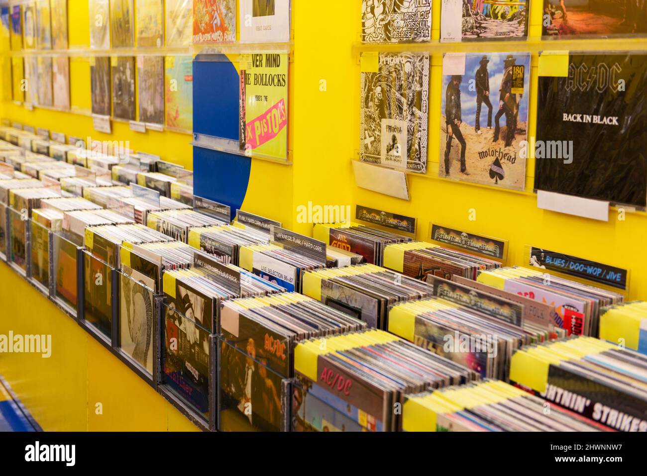 Inside of a record store, vinyl albums on display Stock Photo - Alamy