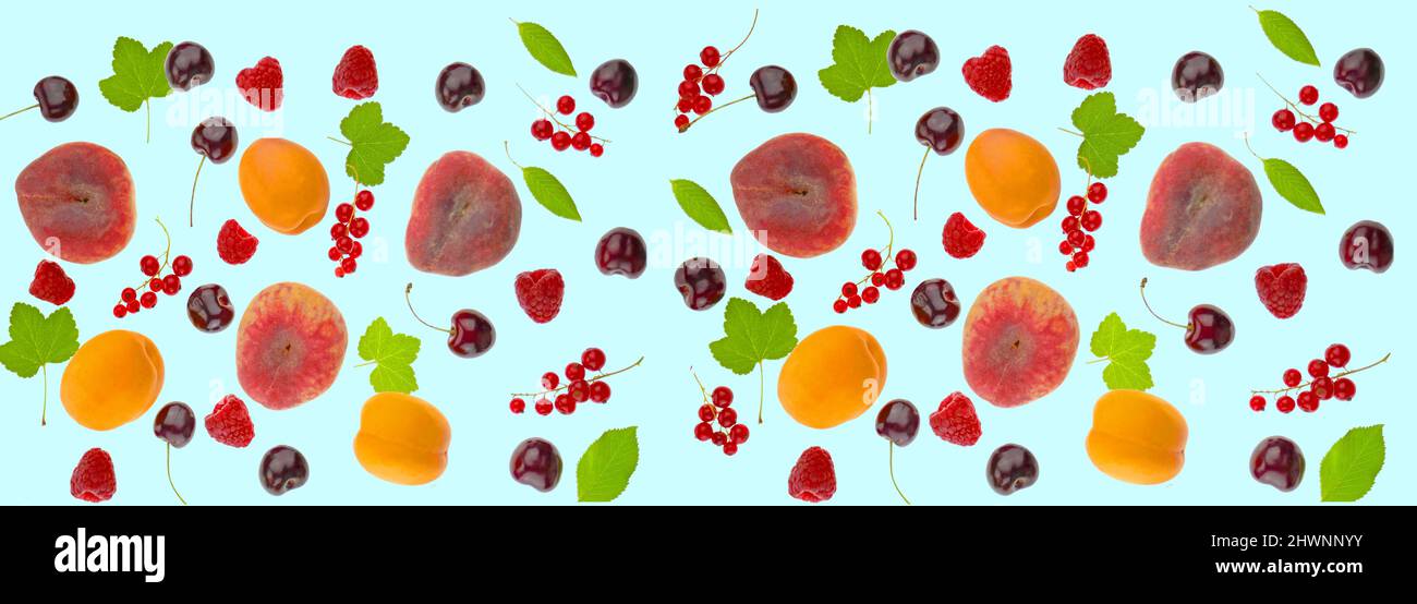fruit banner.Peaches, cherries, apricots, red currants, raspberries and ...
