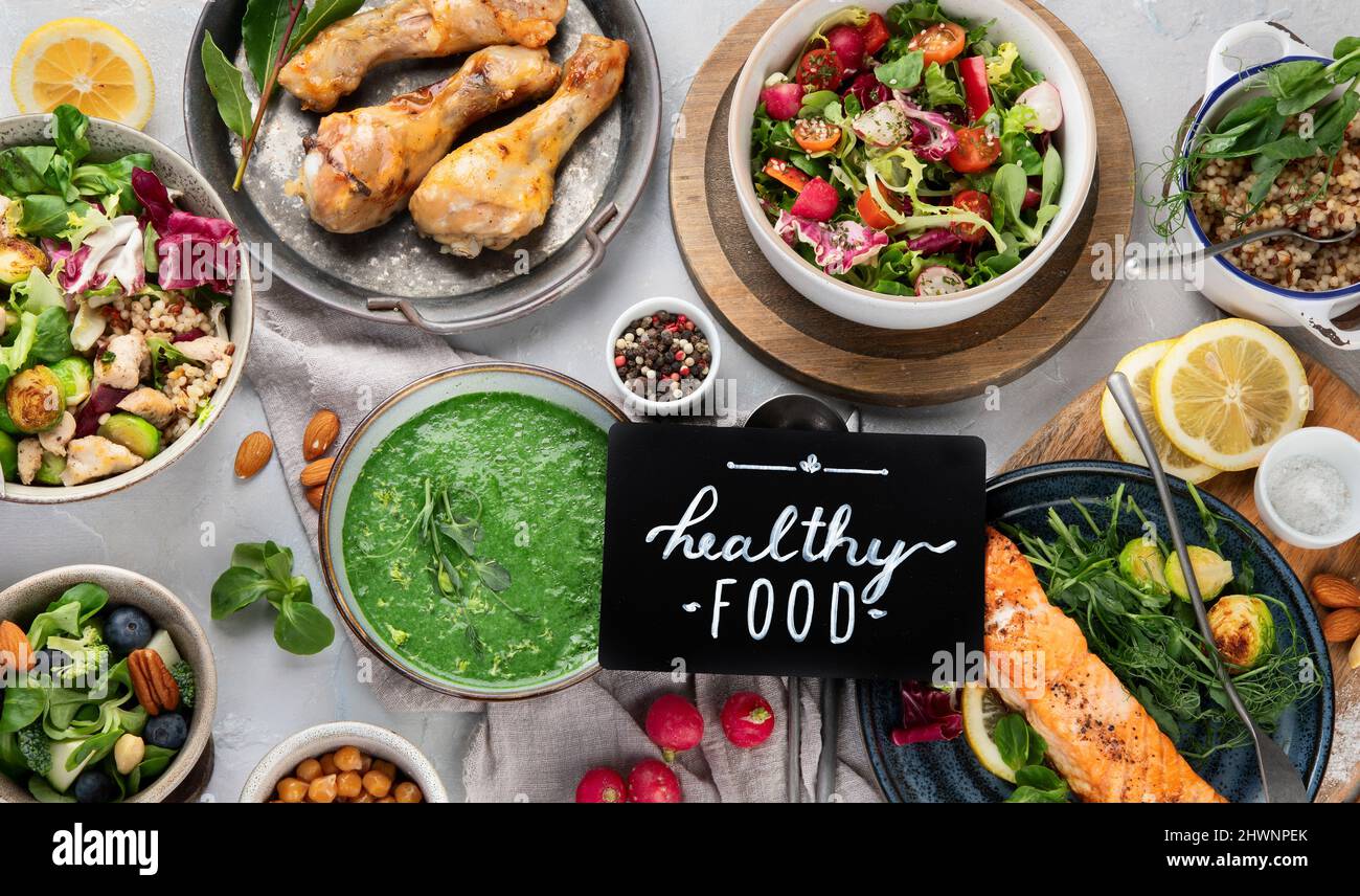 Healthy food assortment on light background. Dieting concept. Flat lay ...