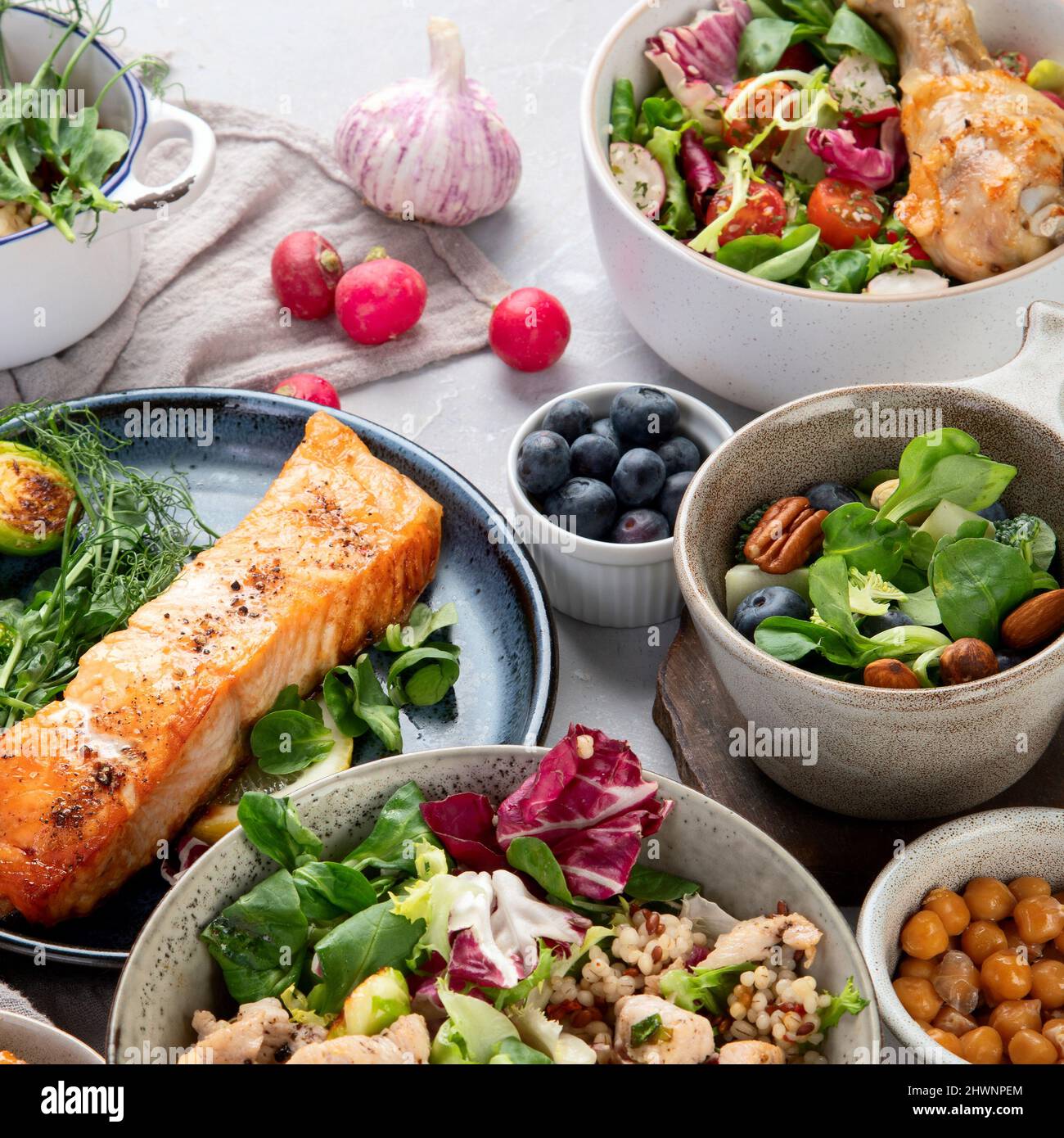 Healthy food assortment on light background. Dieting concept Stock ...