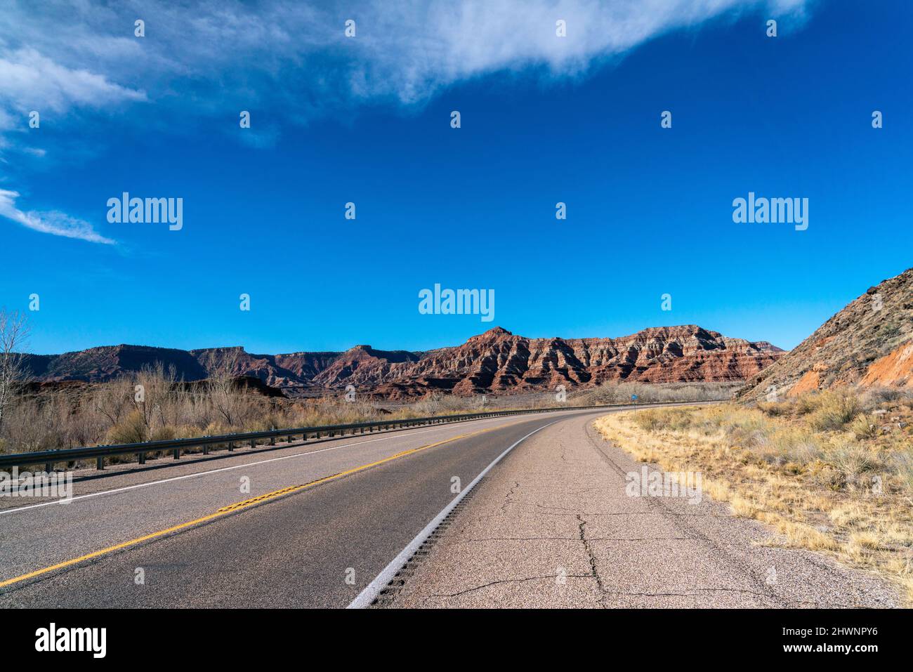 View of Two Way Road in Utha With Curve Ahead Stock Photo - Alamy