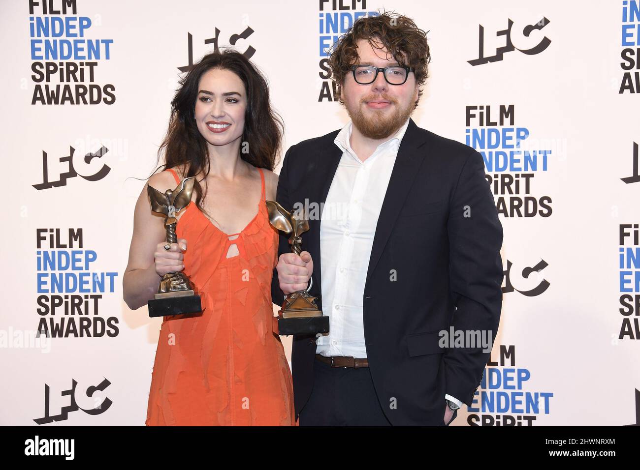 Vanessa Block and Michael Sanroski in the press room during the 2022 Film Independent Spirit ...