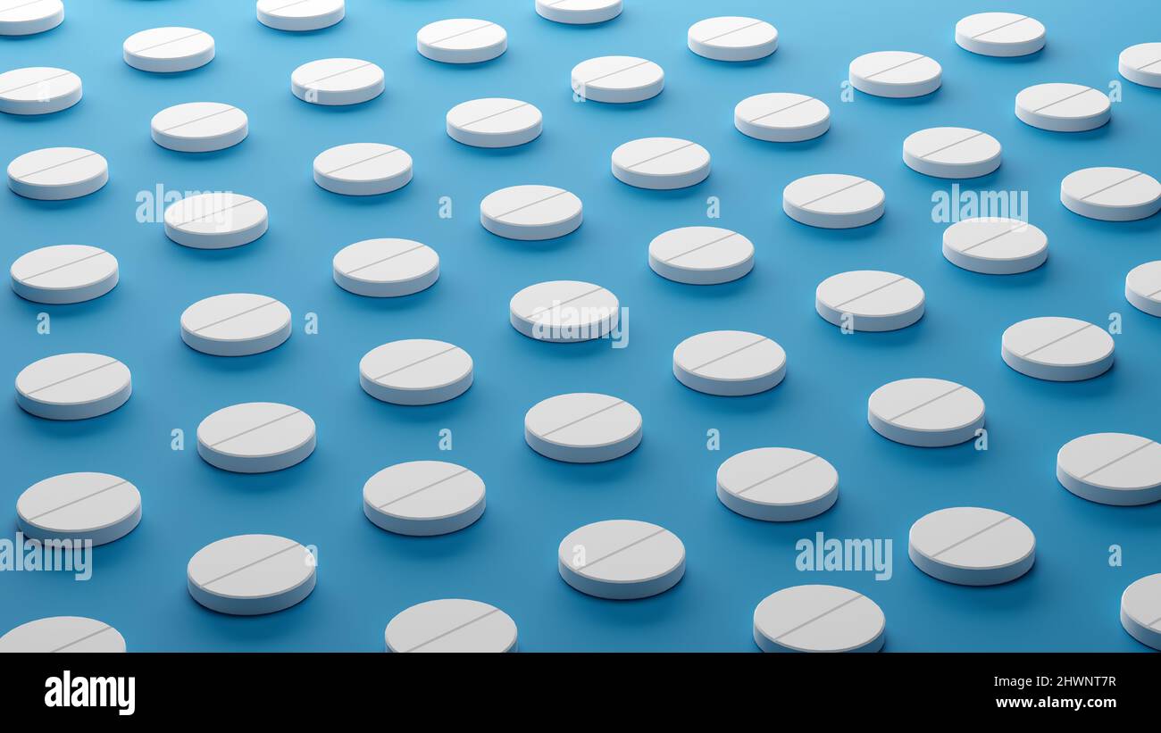 White round medical tablet pills on the assembly line. 3D render Stock ...