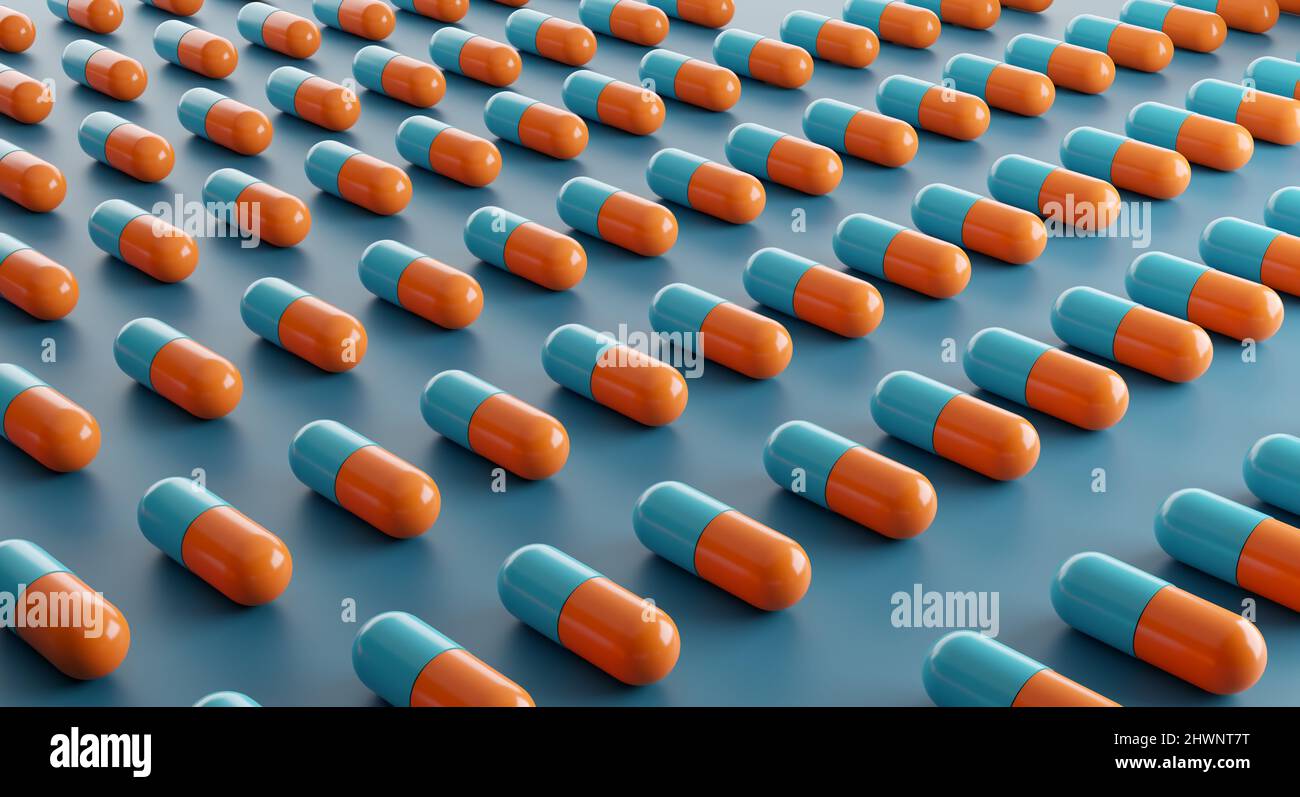 Medical capsule pills on the assembly line on blue background. 3D ...