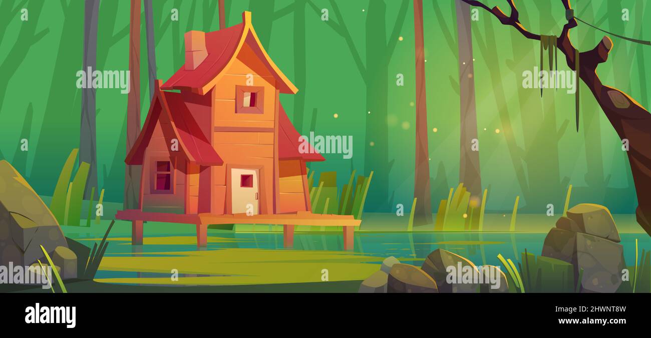 Wooden stilt house at forest swamp. Old shack stand on piles in wood ...