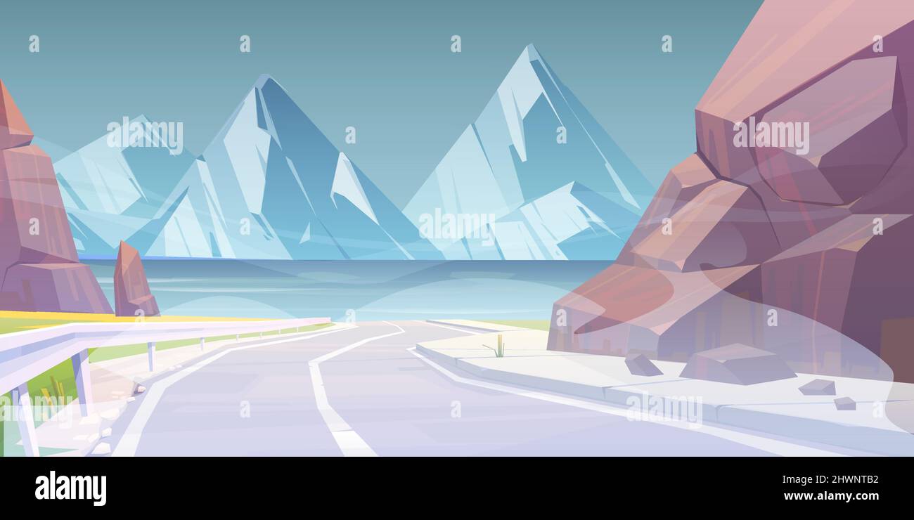 Summer landscape with car road, lake and mountains in fog. Vector ...