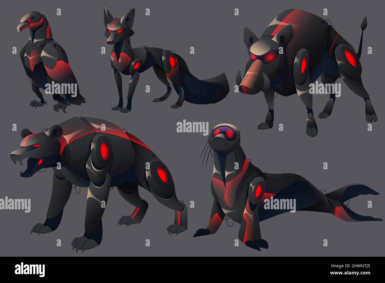 Evil mechanical animals, bear, seal, boar, fox and eagle robots. Vector ...