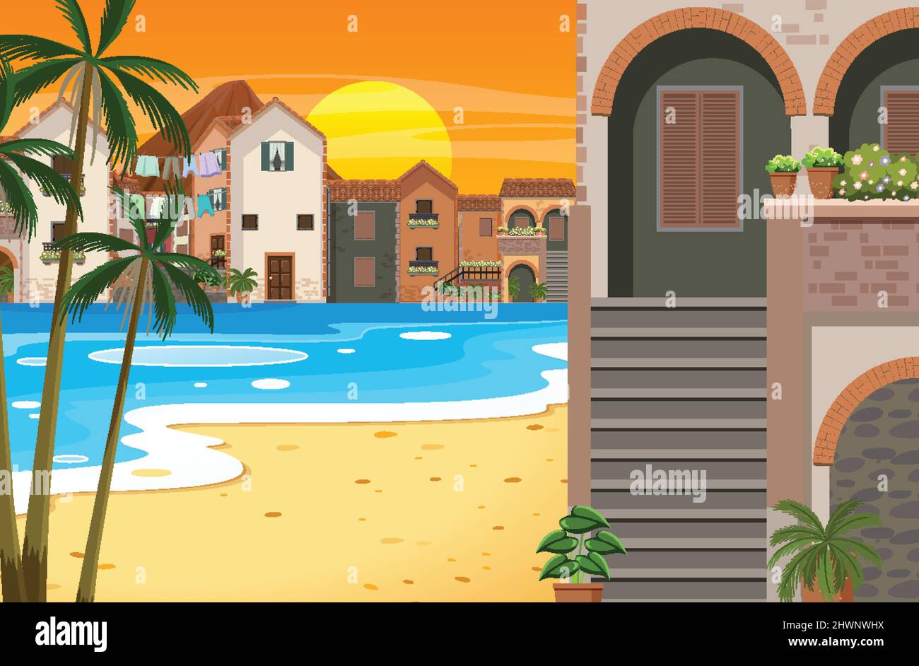 Scene with buildings by the beach illustration Stock Vector Image & Art ...