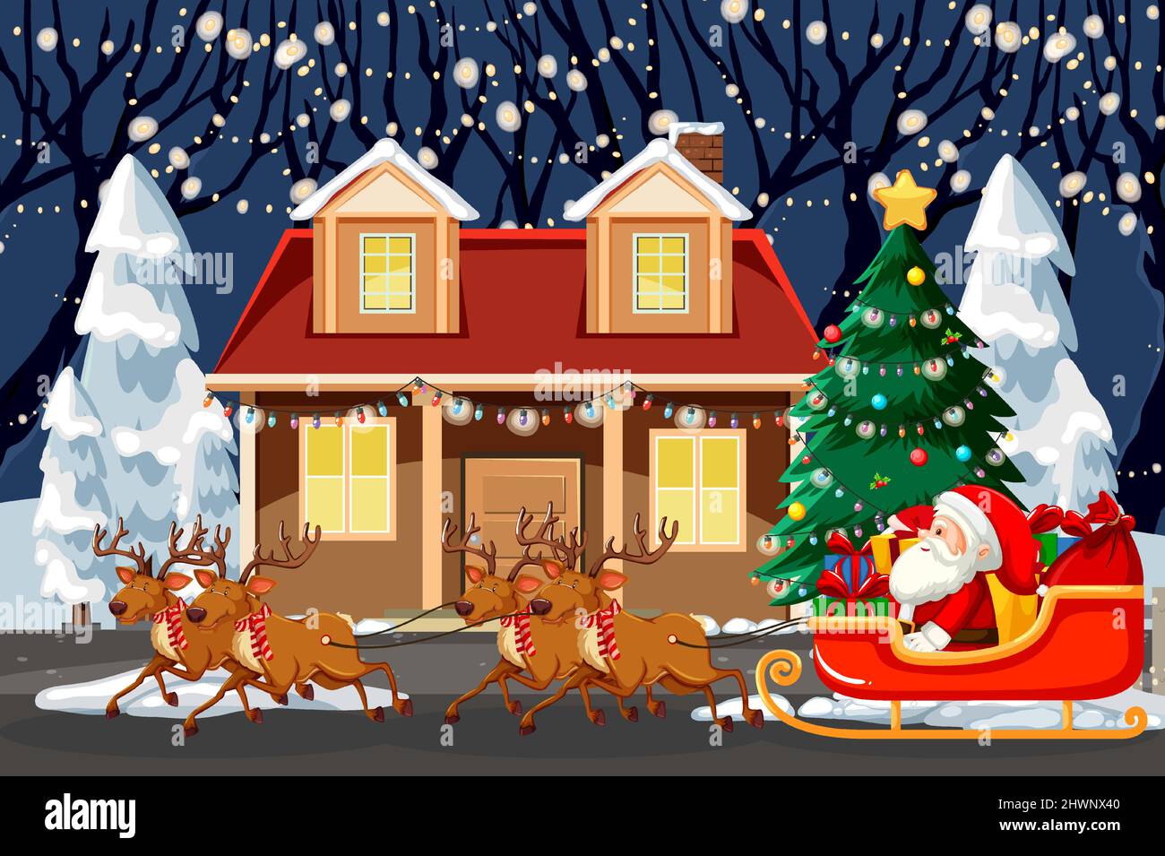 Christmas winter scene with Santa Claus on sleigh illustration Stock ...