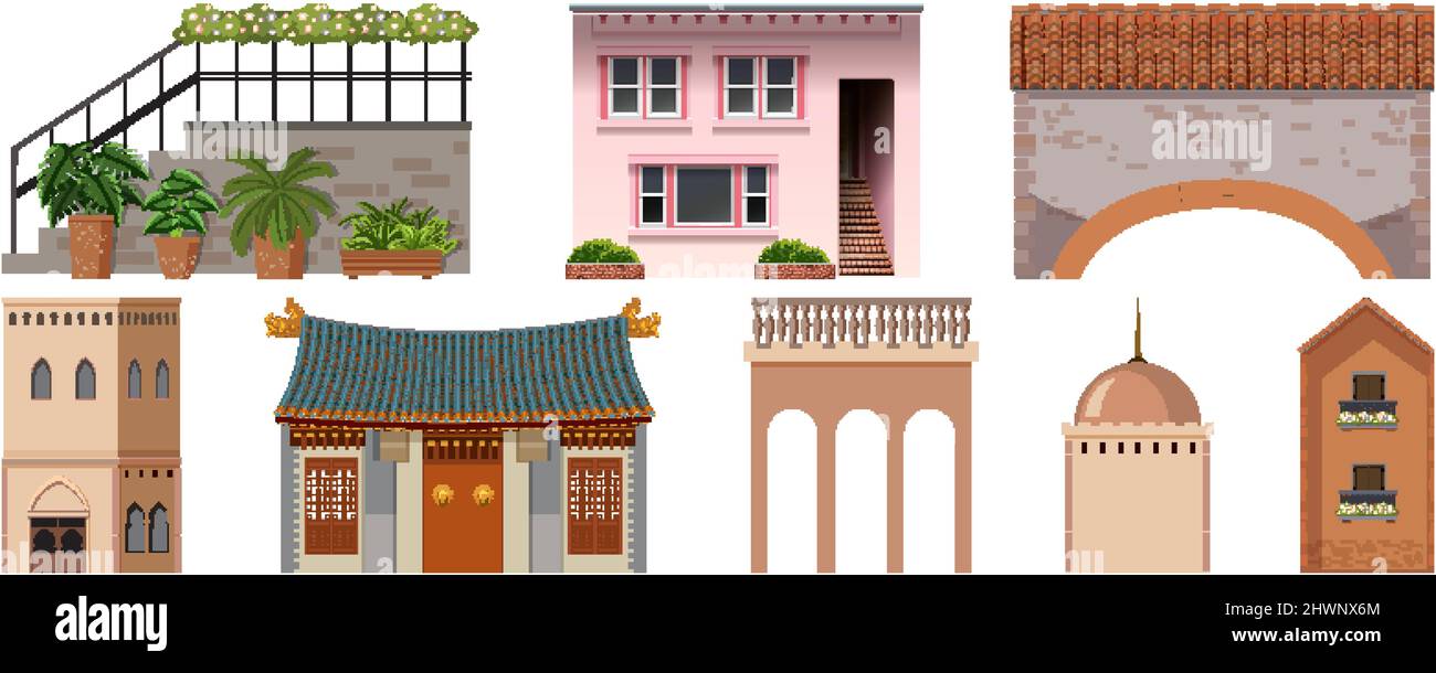 Different designs of buildings on white background illustration Stock ...