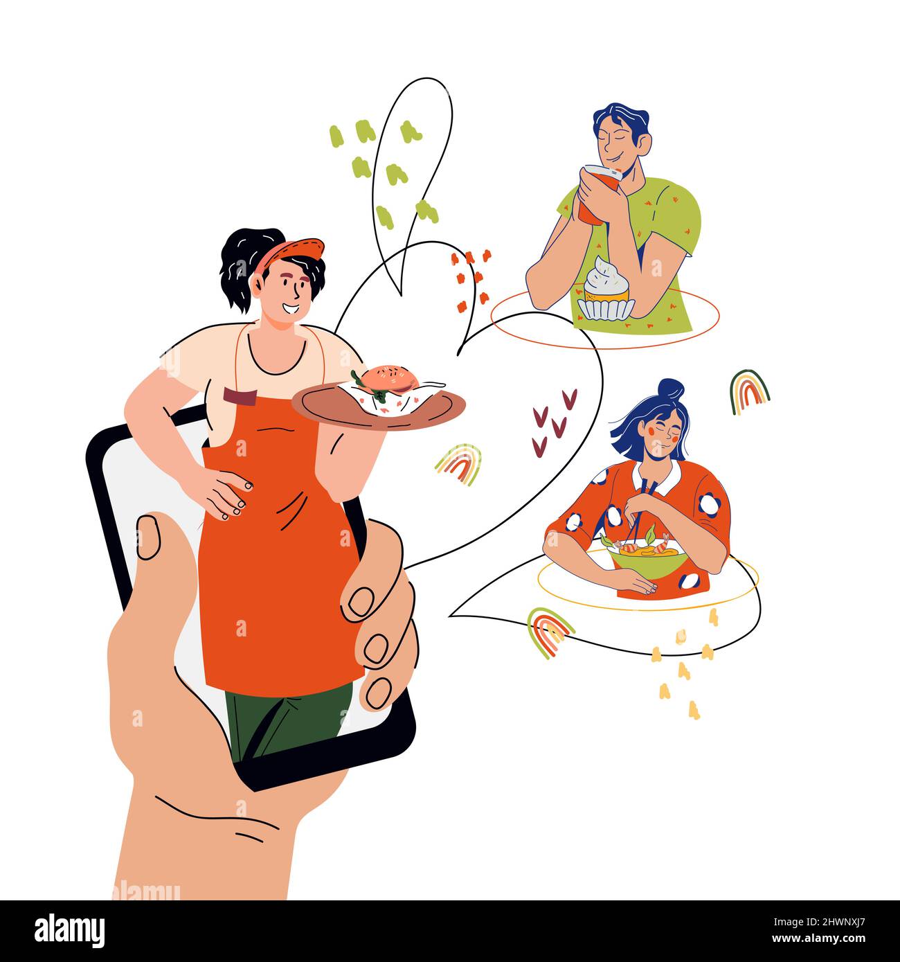 Restaurant or online food delivery with waitress serving food, flat ...