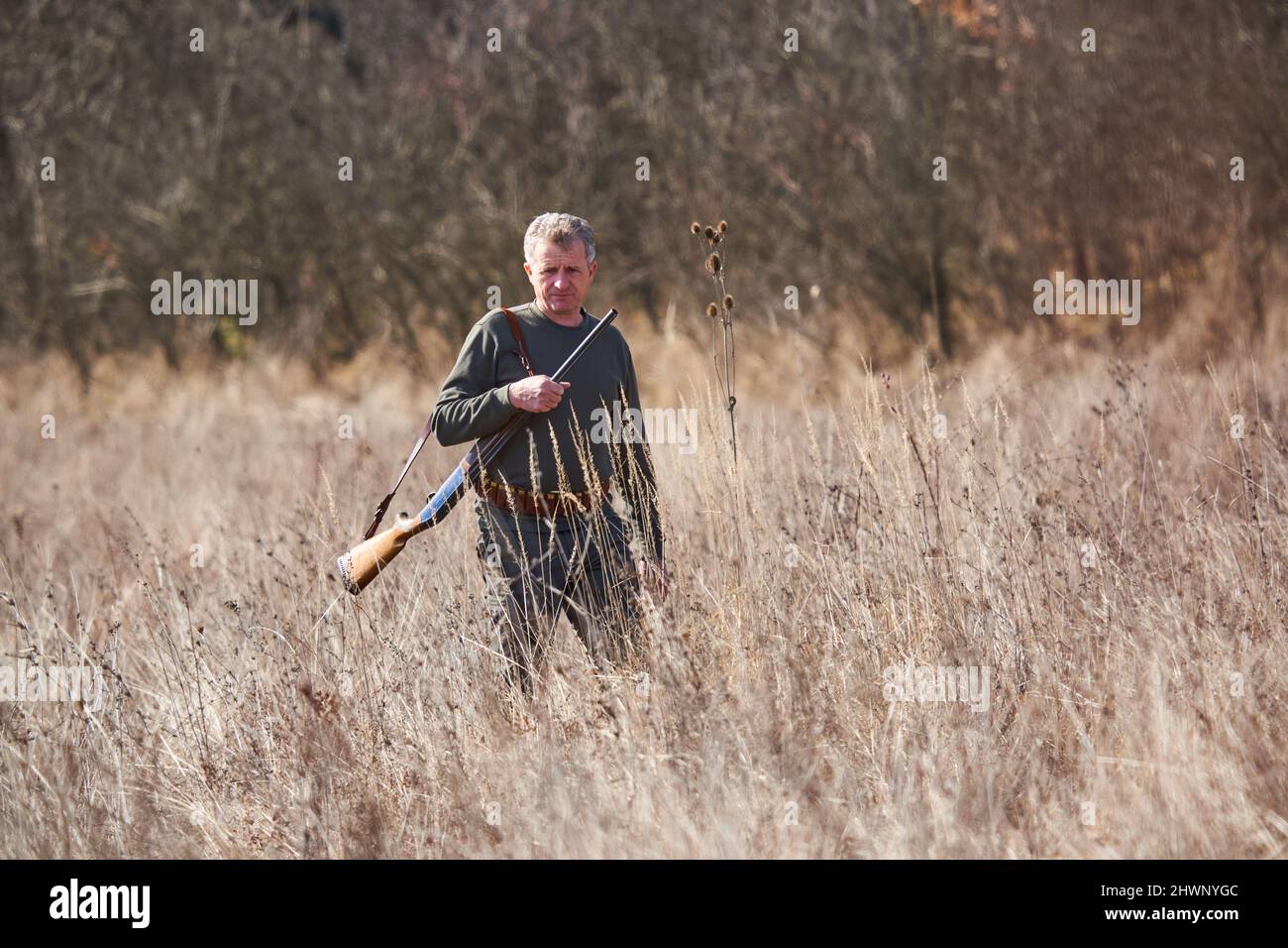 Hunter with rifle walking through the high grass by the forest Stock ...