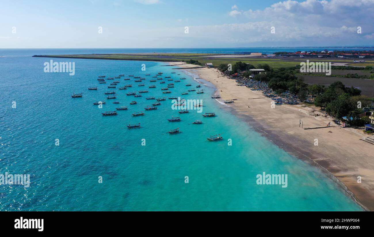 Aerial azure sea around International Airport. Jimbaran beach bali on ...