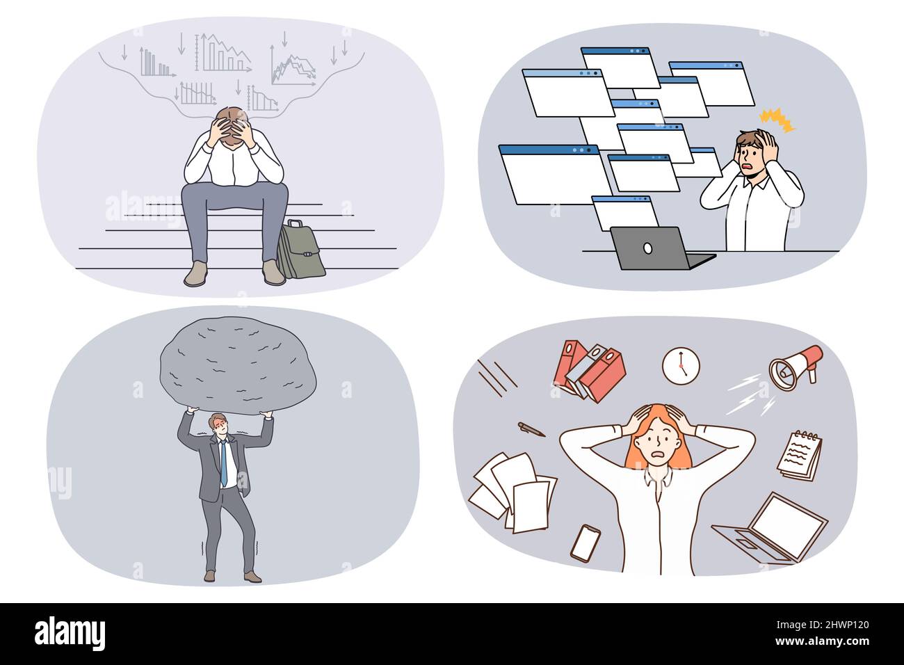Collection of exhausted businesspeople overwhelmed with work stress ...