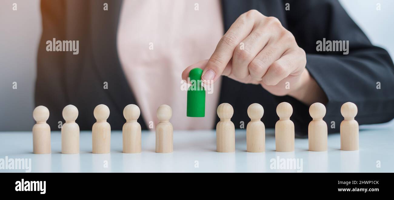Businesswoman hand pulling leader man wooden from crowd of employees ...