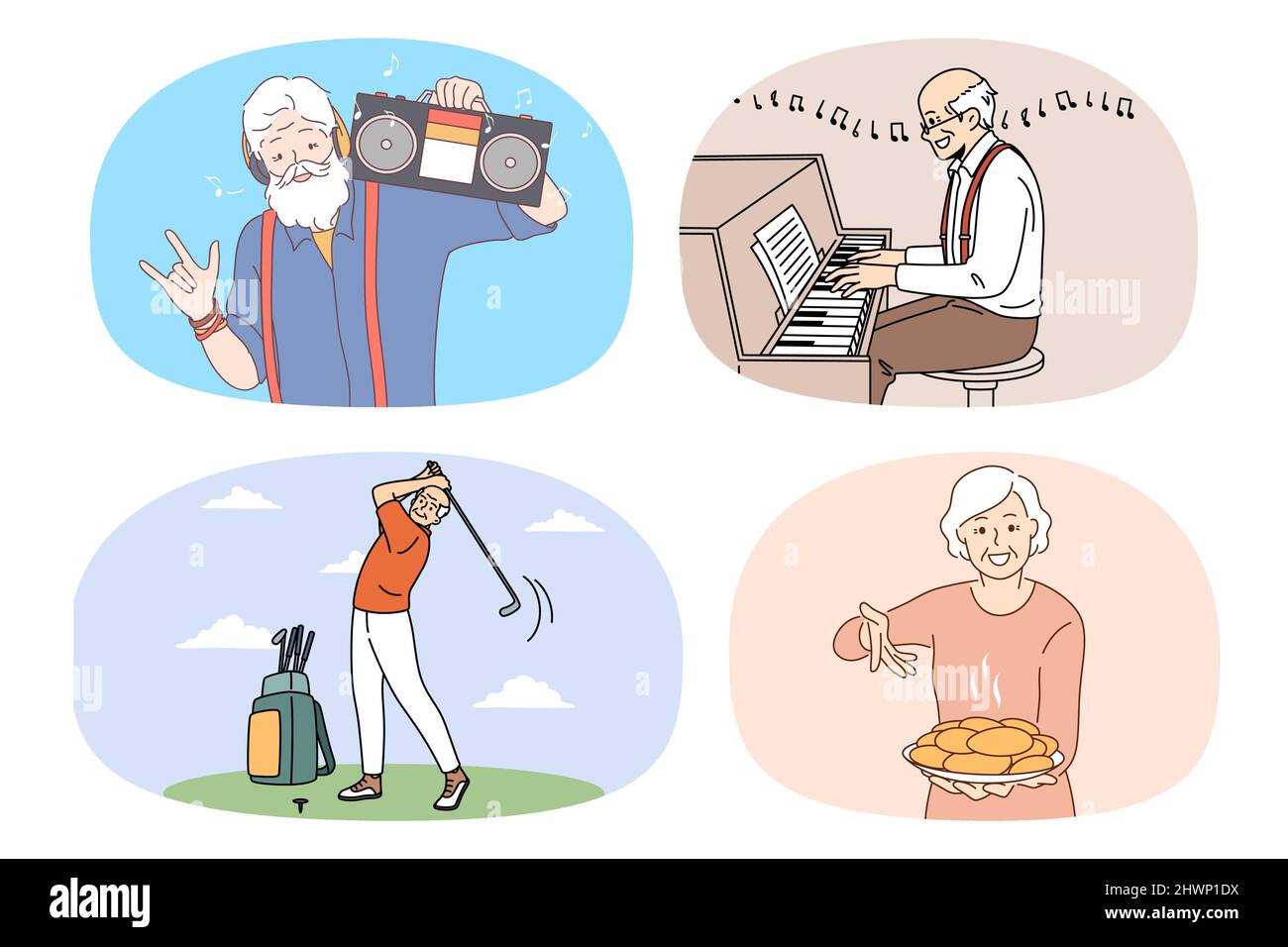 Set of happy active old pensioners people enjoy good maturity ...