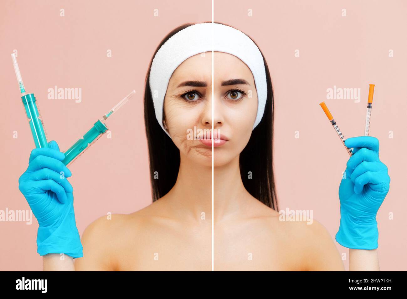 Portrait of a beautiful unhappy young woman holding four syringes for ...