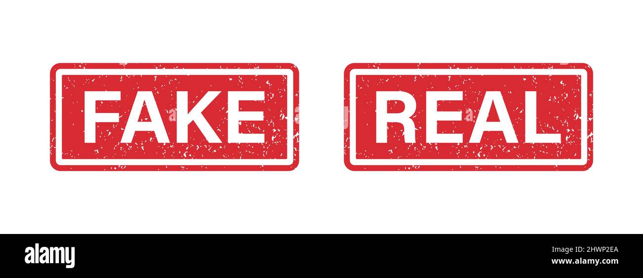 Fake and Real word grunge rubber stamp for media and documents. Fake ...