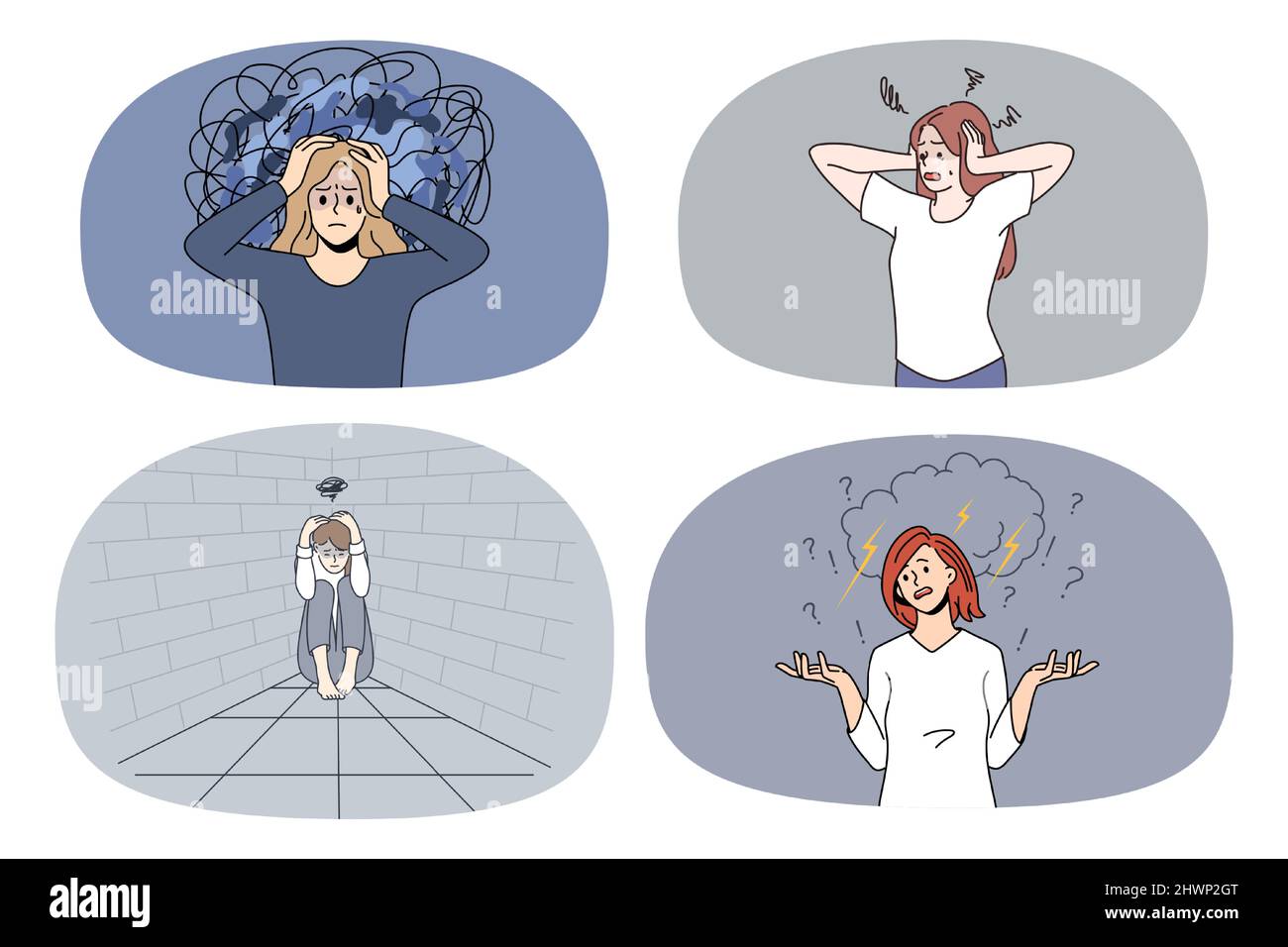 Set Of Unhappy Stressed Women Feel Despair Suffer From Depression Or