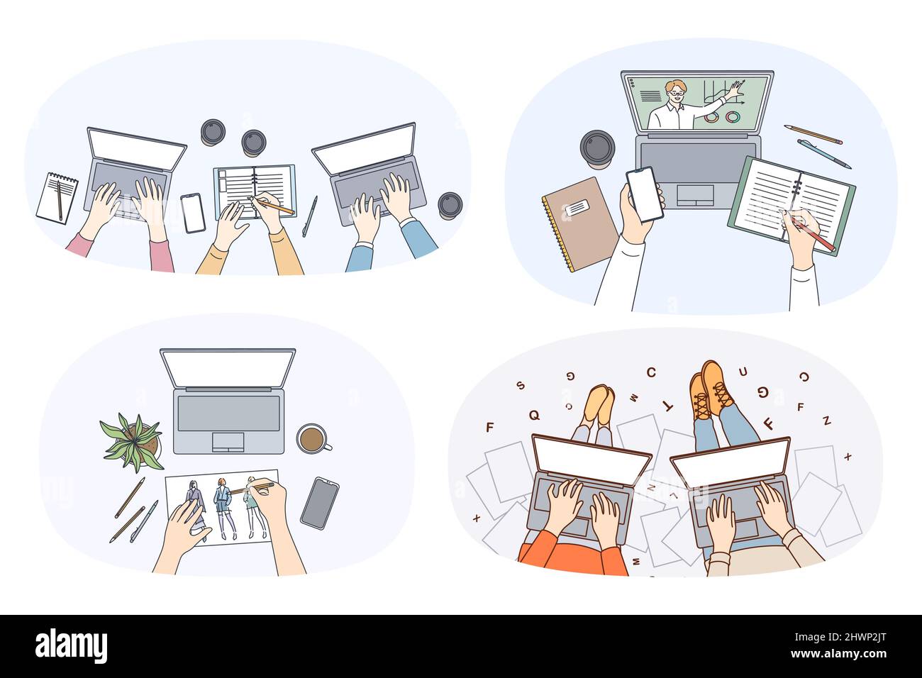 Collection of people use computer gadget study or work online from home ...