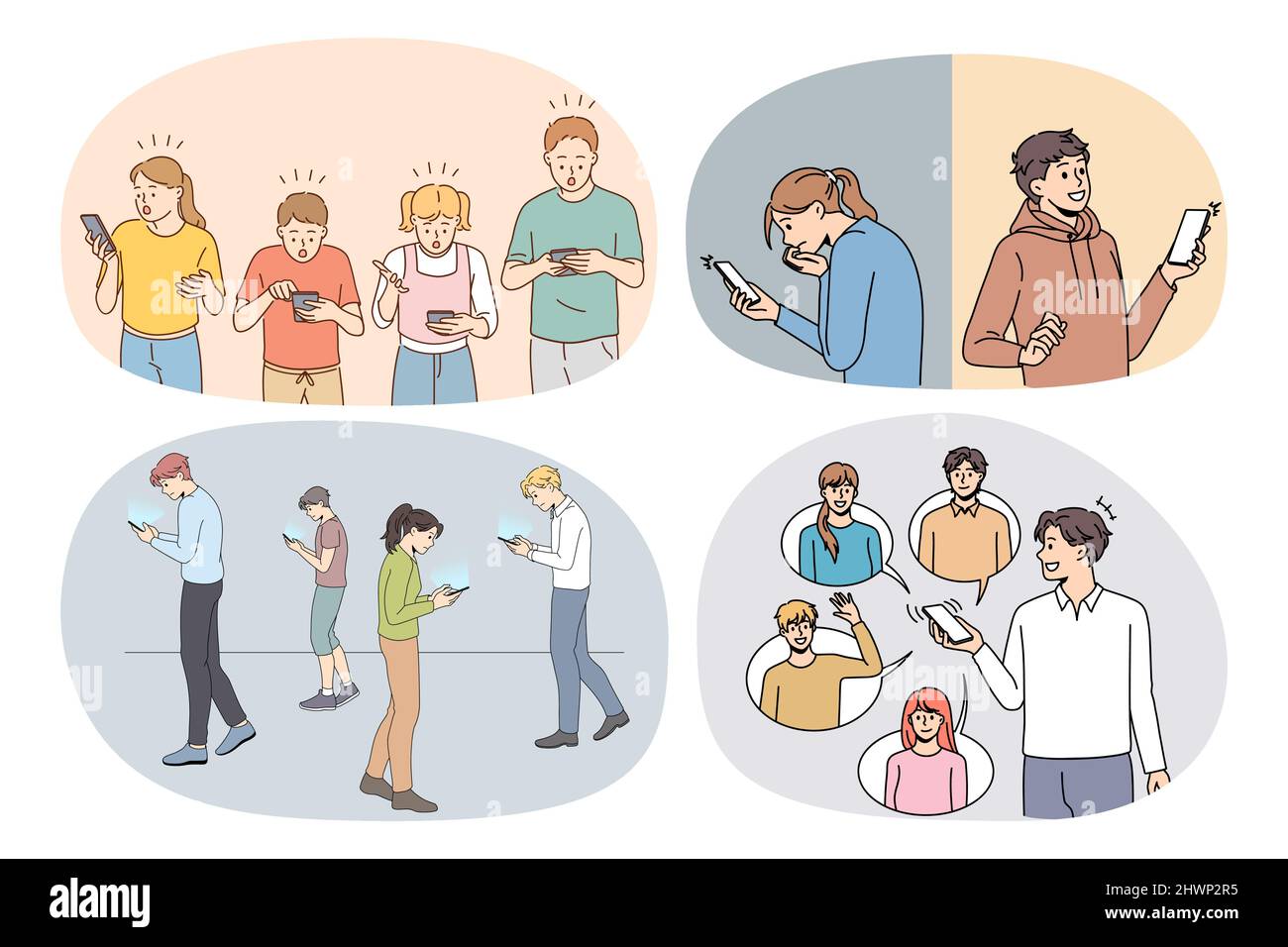 Set of diverse people addicted to cellphones text and message on ...