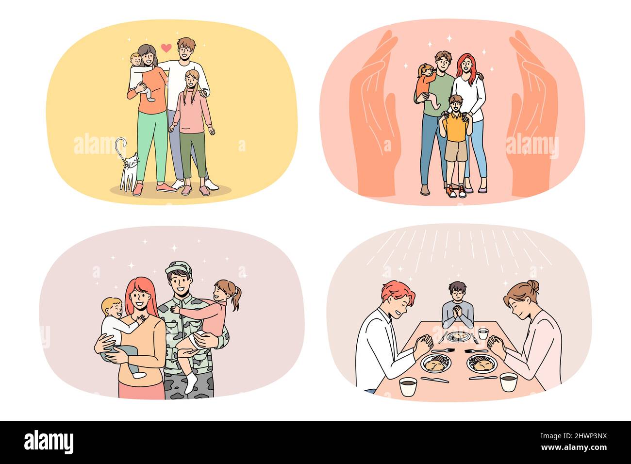 Collection of loving young family with children show unity and care ...