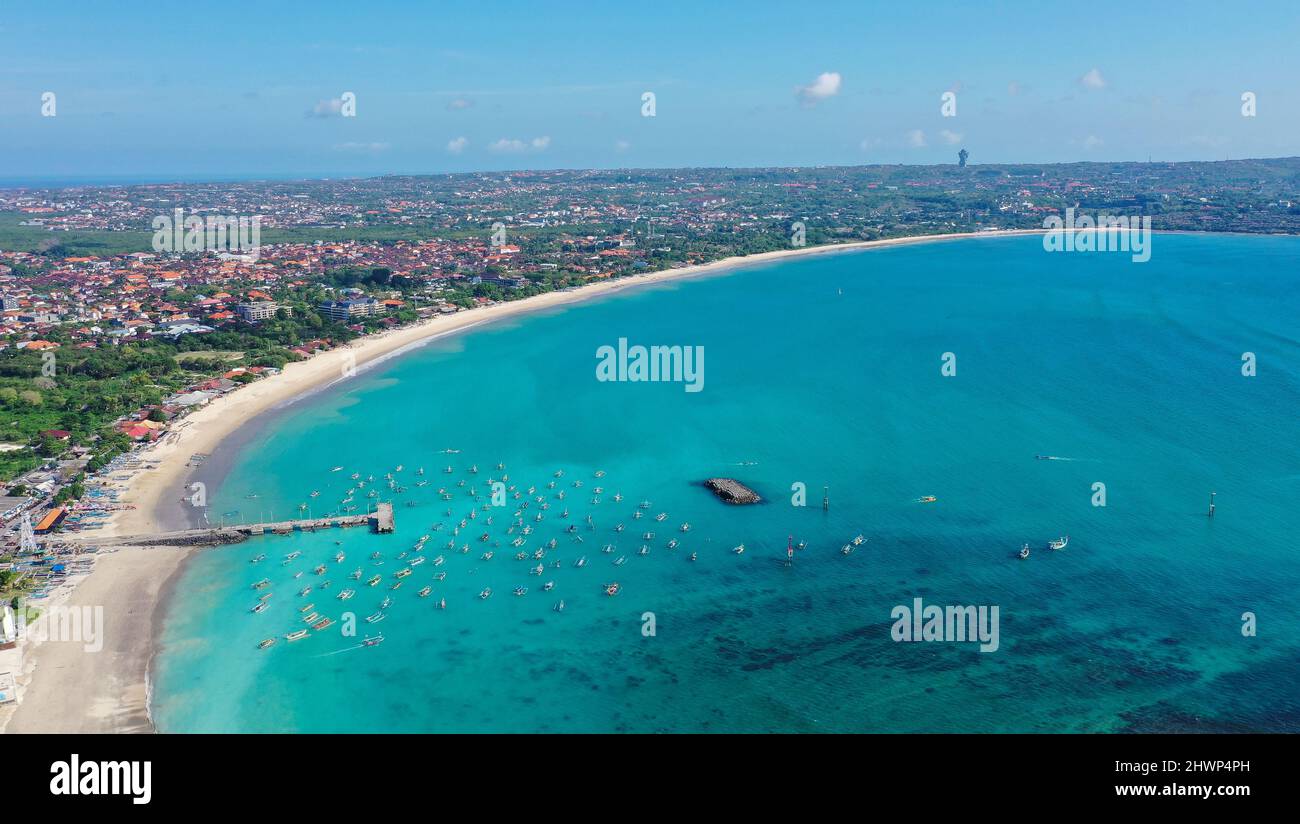 Aerial azure sea around International Airport. Jimbaran beach bali on ...