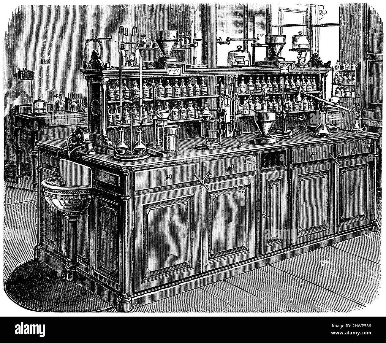 Work table in the chemical laboratory at Leipzig, , (encyclopedia, 1893 ...