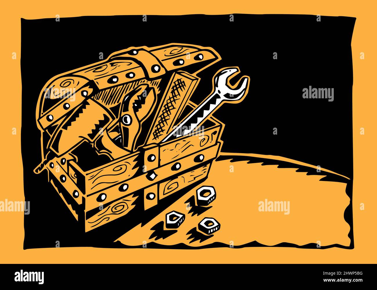 Illustration of a Treasure chest. Black outline on an orange background ...