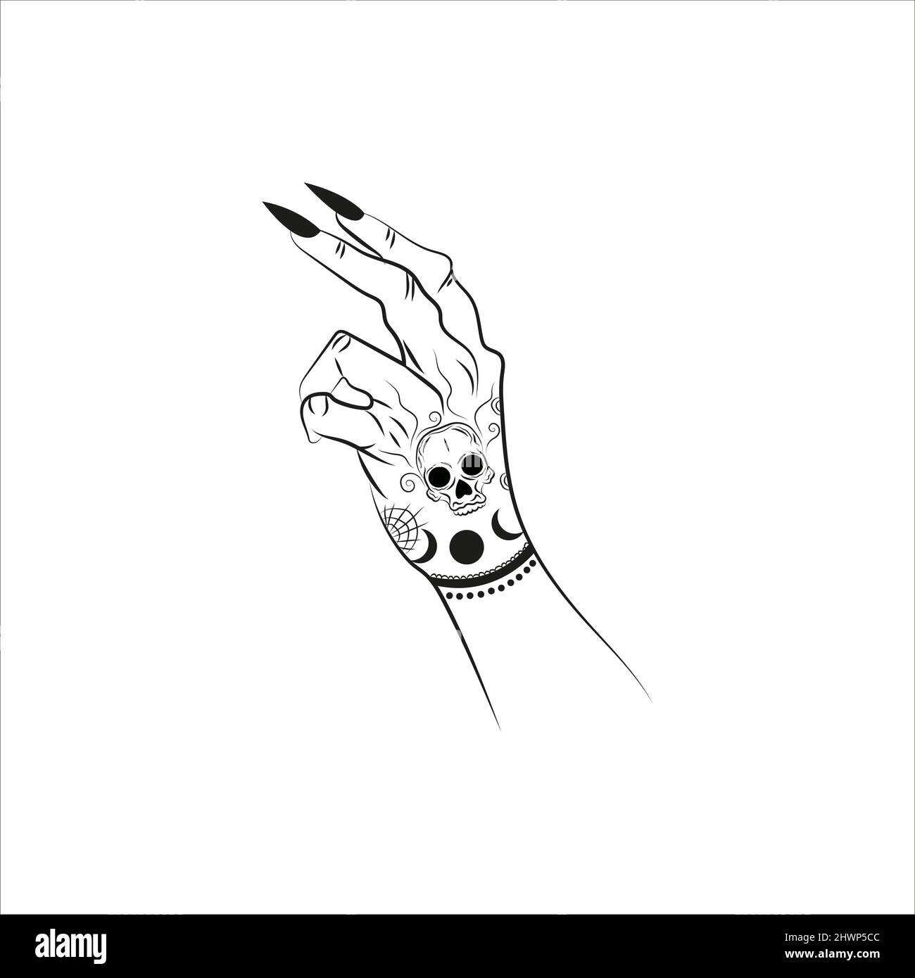 Mystical Witches hand. Witch hand with black nails, rings, Magic. Boho ...