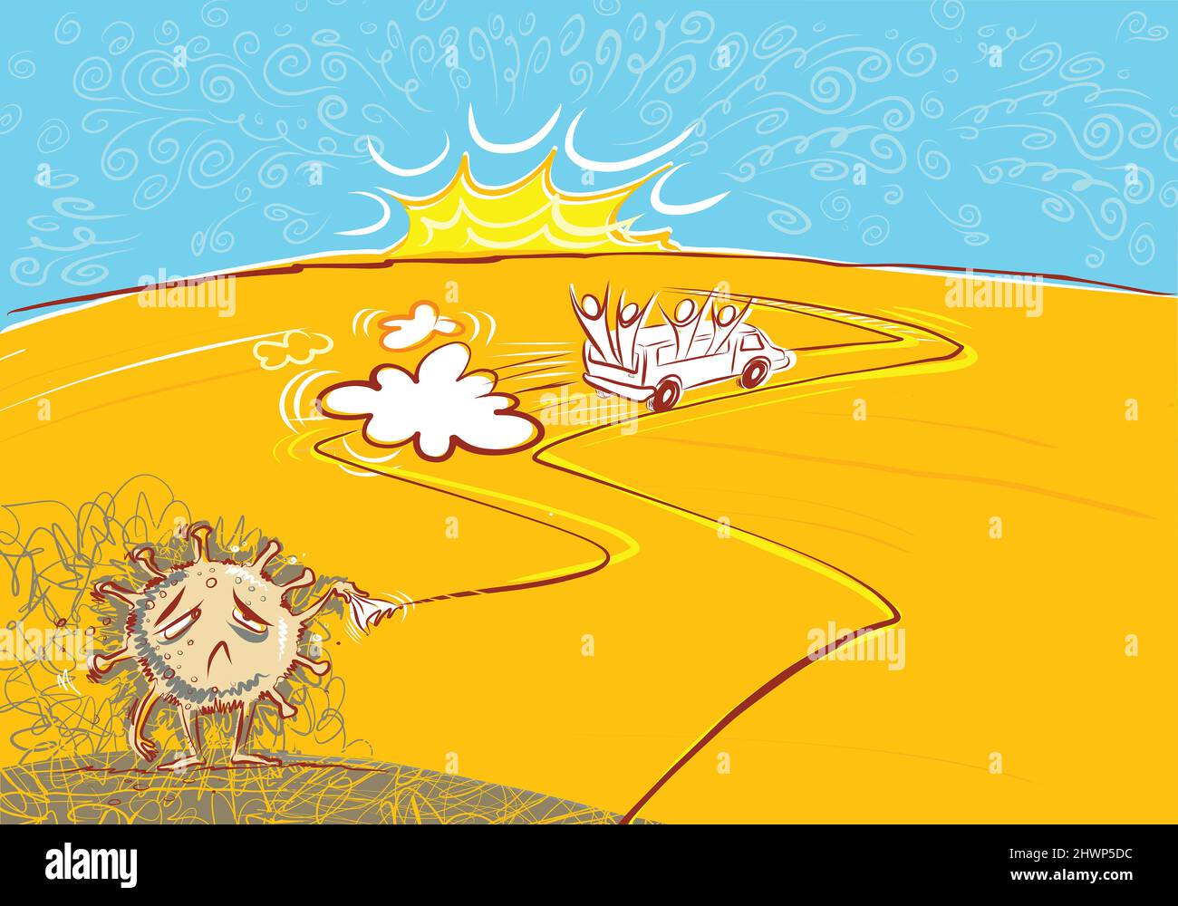 Virus waving goodbye to people in a car. Car on journey to sun in ...