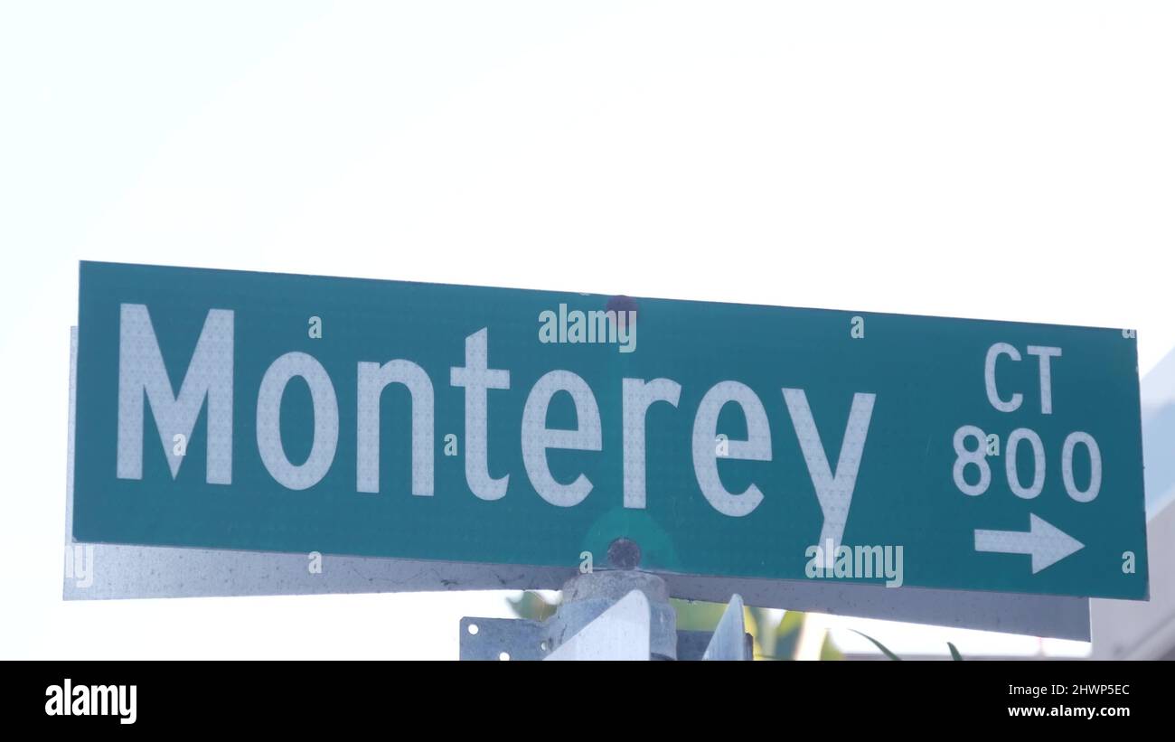 Monterey road sign, California street crossroad, USA. Tourist resort ...