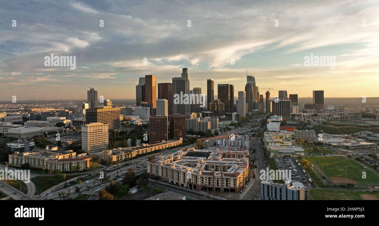 Los angeles aerial view, flying with drone. Los angels downtown ...