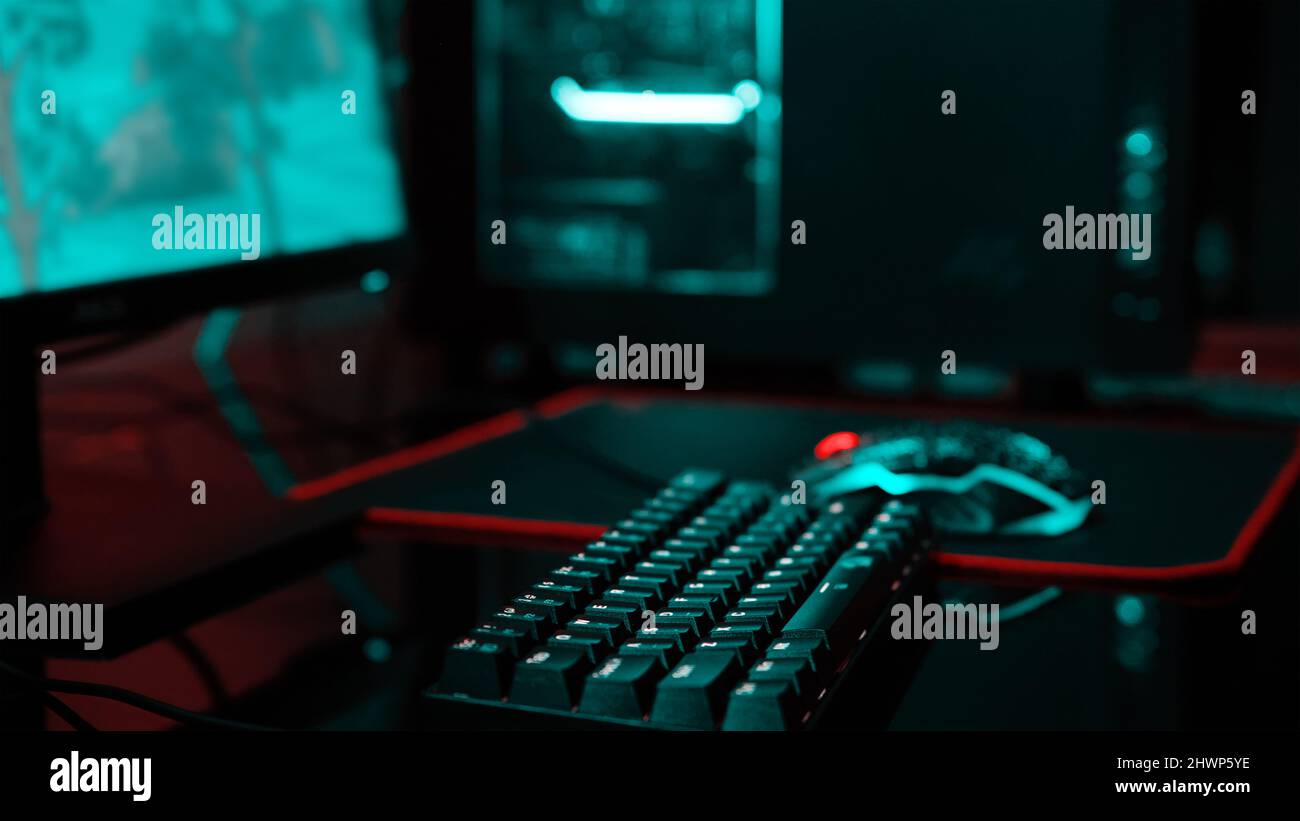 PC with rgb keyboard for gaming computer video games with neon colored ...