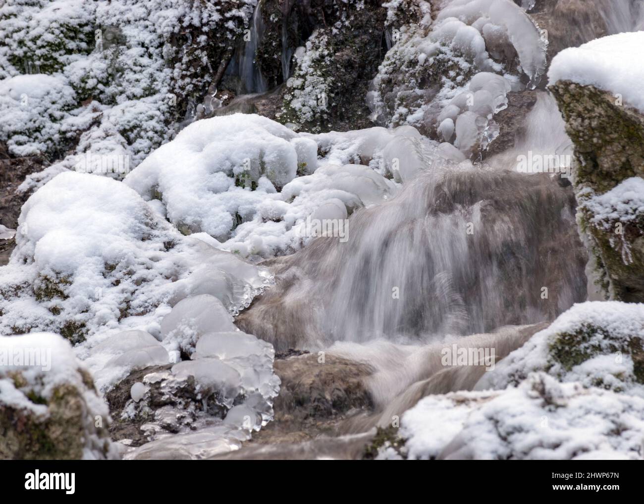 photography with contrasts of frozen and running water, spring water ...