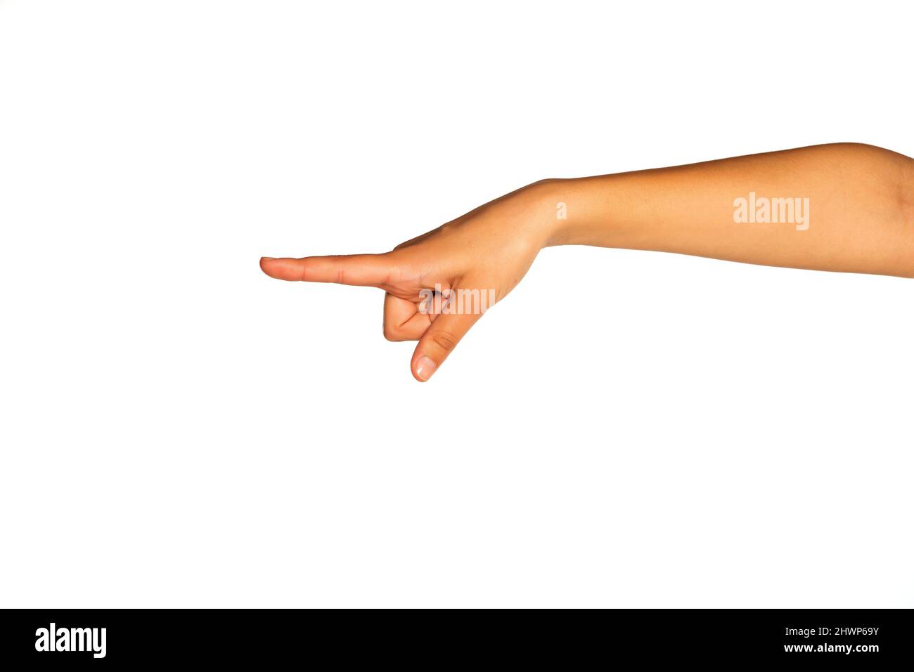 female hand pointing on white background Stock Photo - Alamy