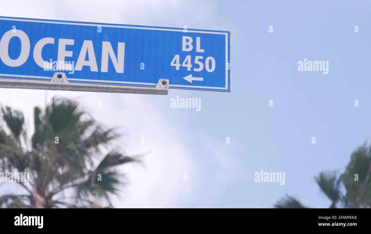 Ocean street road sign on crossroad, California city, USA. Waterfront ...