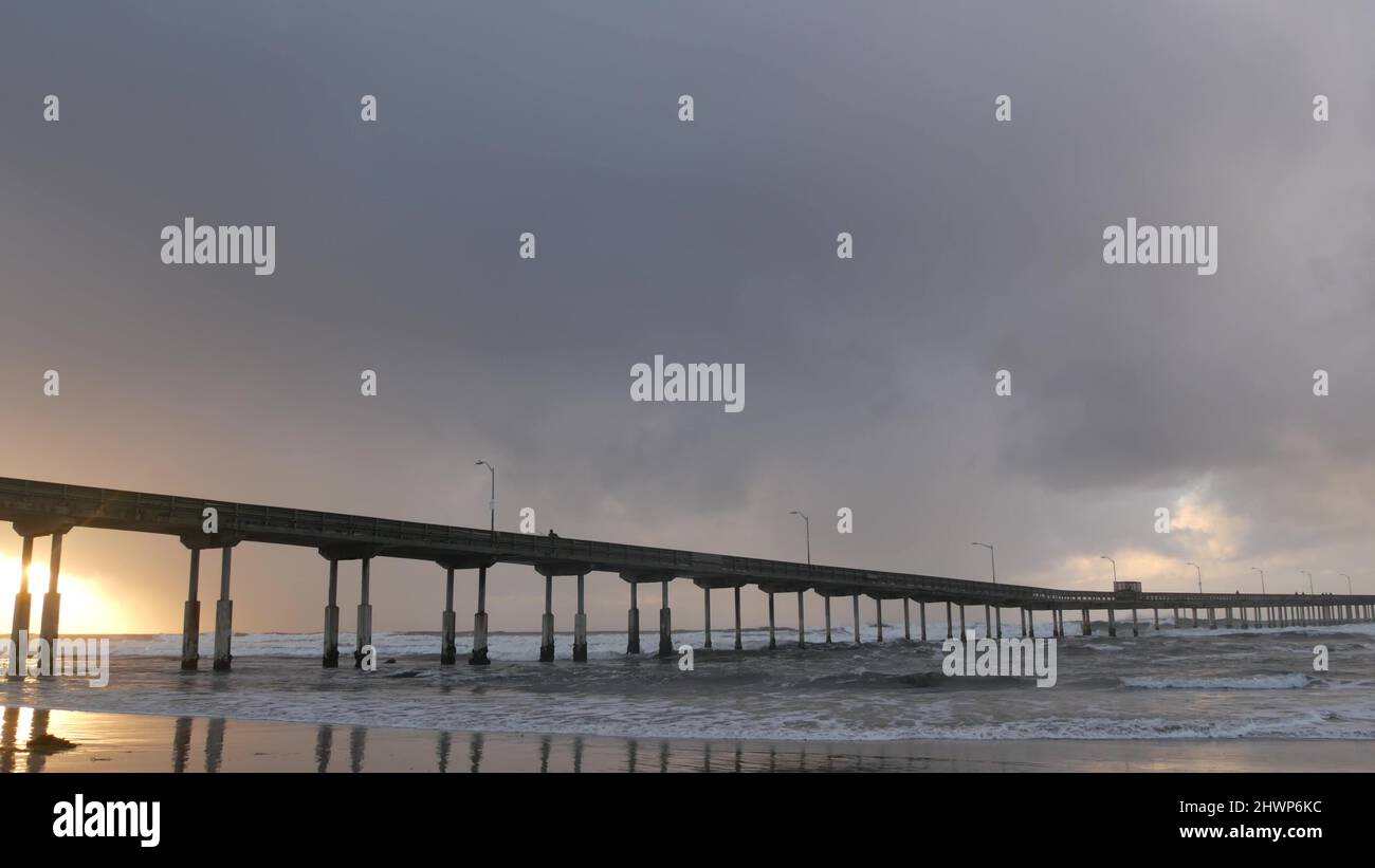 Ocean Beach pier in rainy weather, sea waves in foggy air, California ...