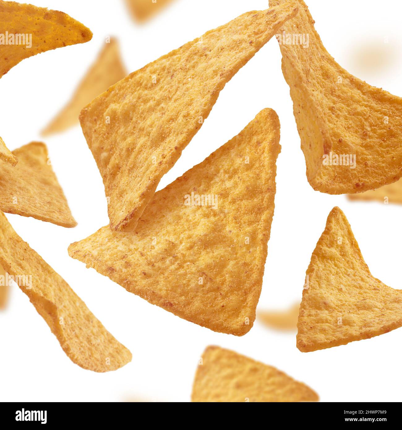 Corn chips of triangular shape levitate on a white background Stock ...