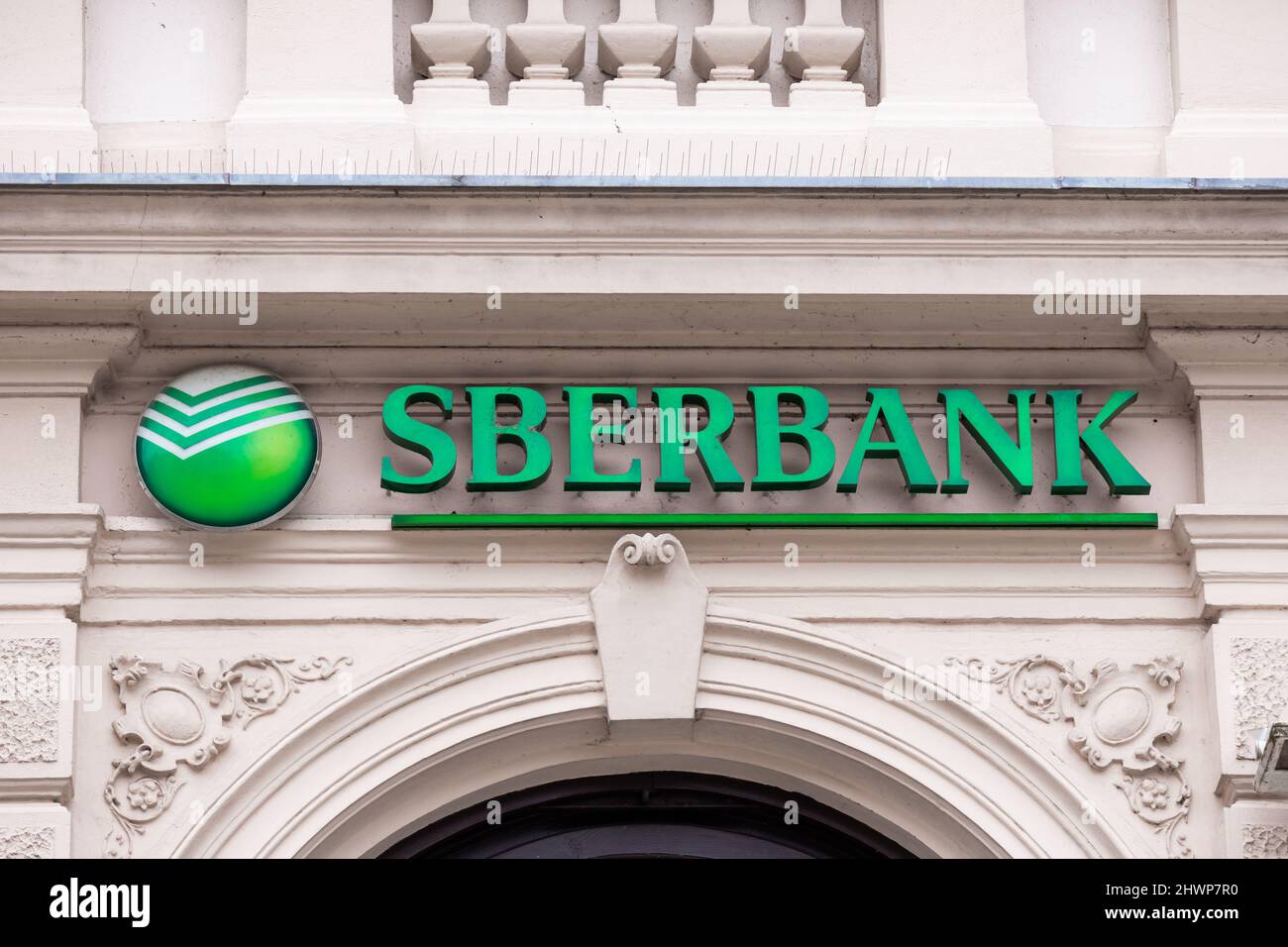 Slovenia, Ljubljana - March 6 2022: Sberbank logo on building. Russian ...