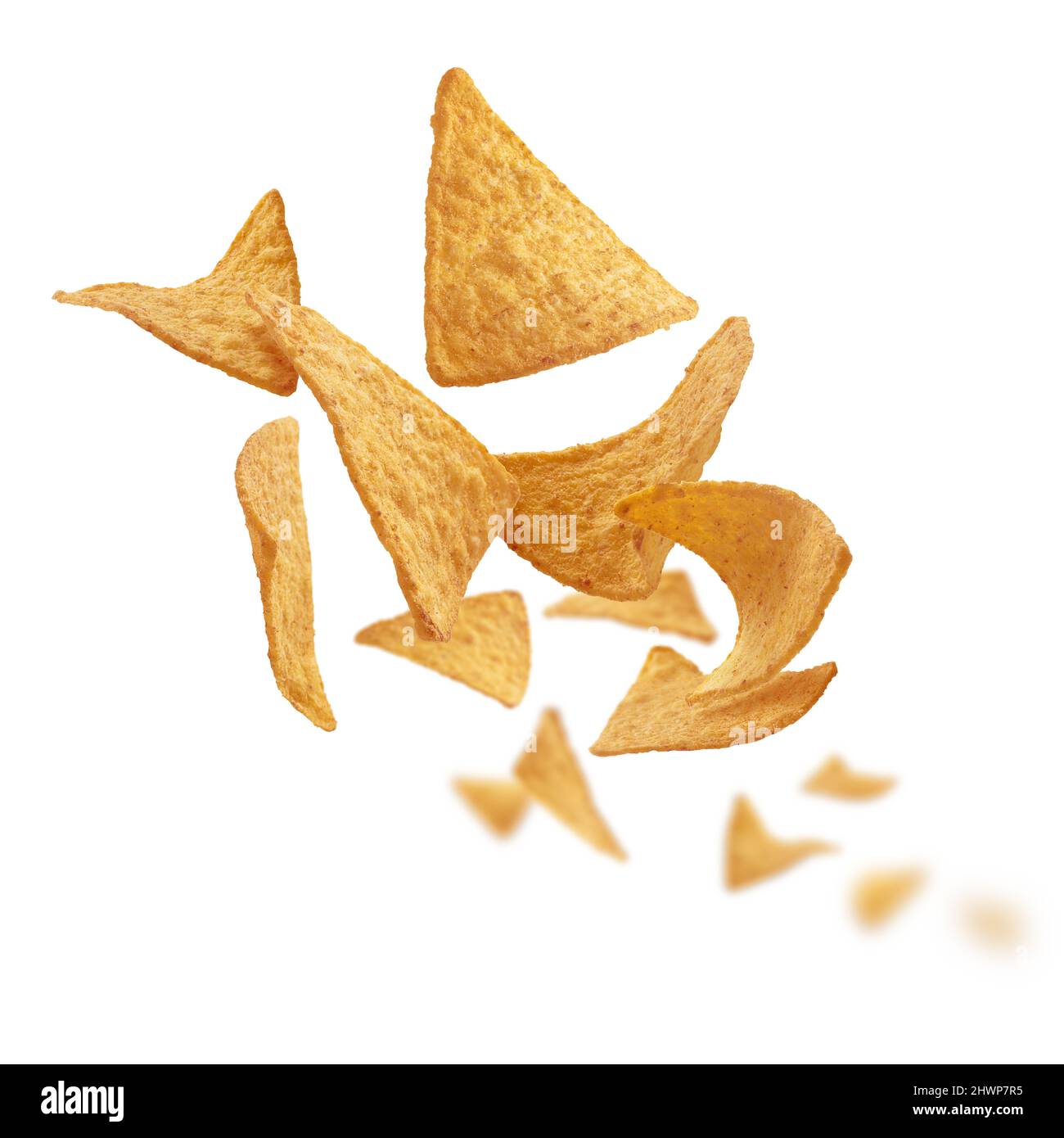 Corn chips of triangular shape levitate on a white background Stock ...